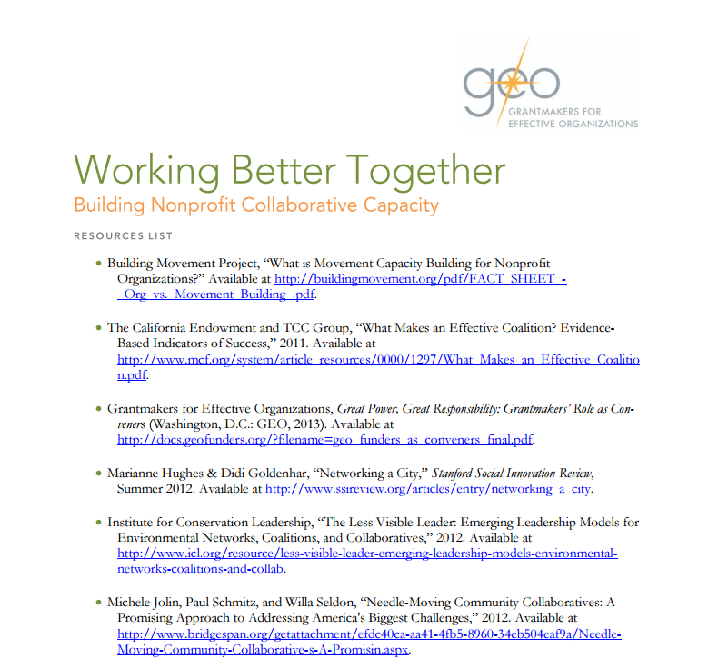 Resource List: Working Better Together - GEO